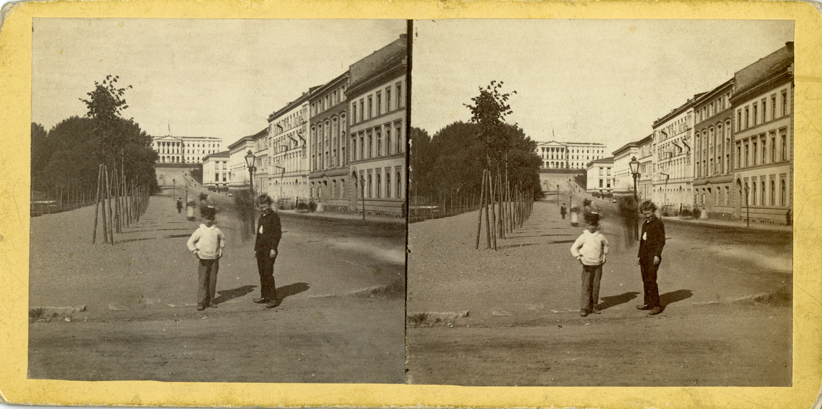 Stereoskopi. Karl Johans gate med Slottet, Oslo, 1864. To gutter ...
