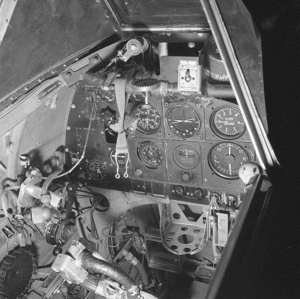 Detaljfoto av cockpit til Spitfire. Flyet tilhører 331 skvadron på Bodø ...