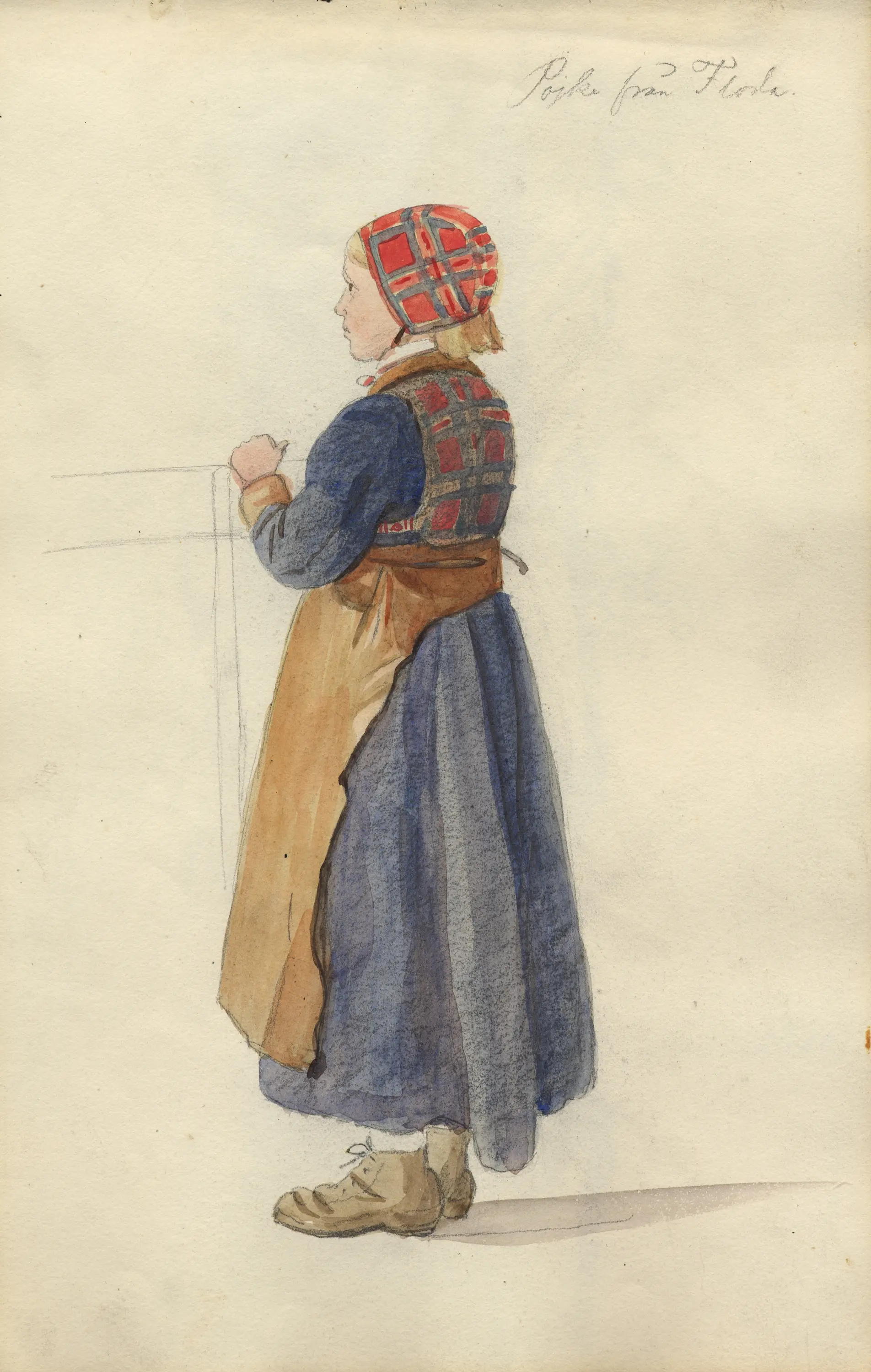 Akvarell. "Pojke från Floda". Barn i dräkt från Floda i Dalarna stående ...