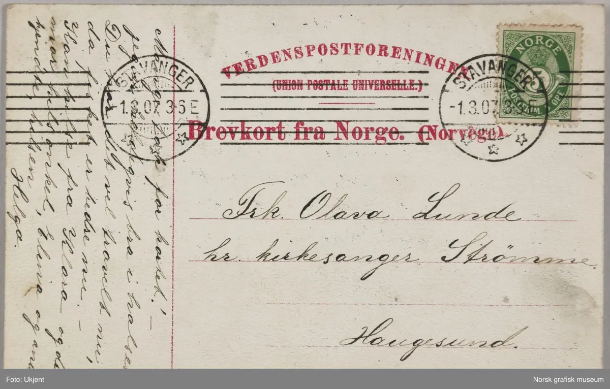 Postkort til Olava Lunde med bilde fra Fjærlandsfjorden i Sogn. Det er ...