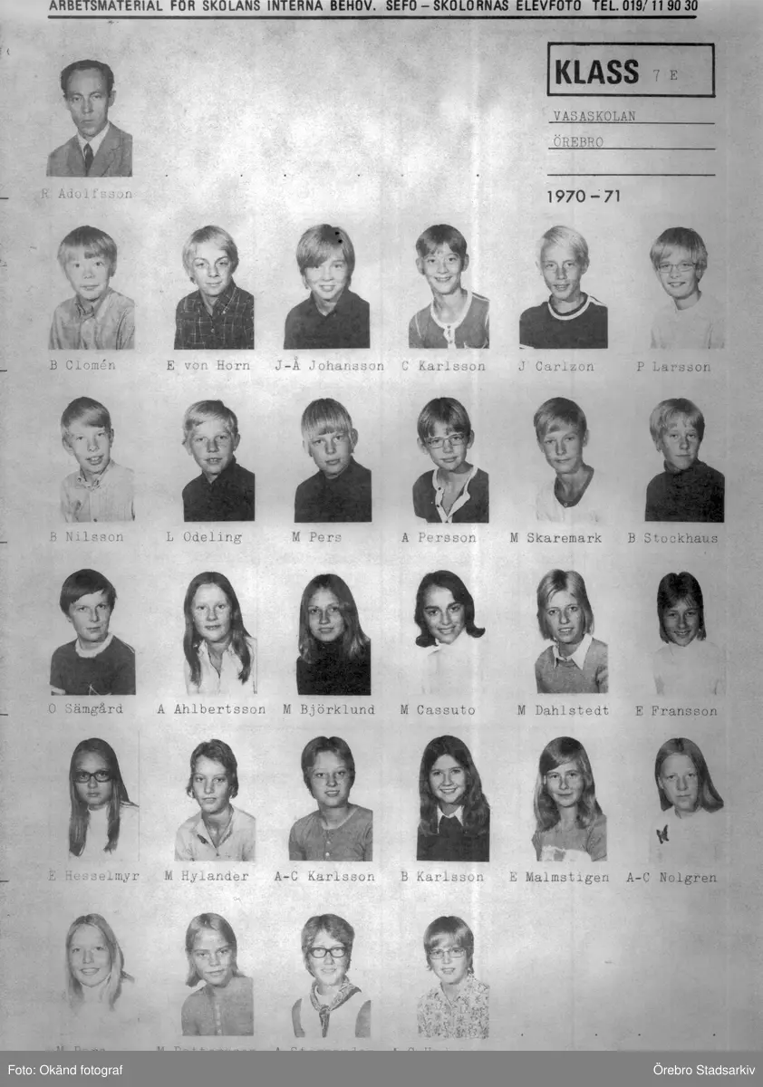 Klass 7 E Vasaskolan, 1970-1971 - Örebro Stadsarkiv / DigitaltMuseum