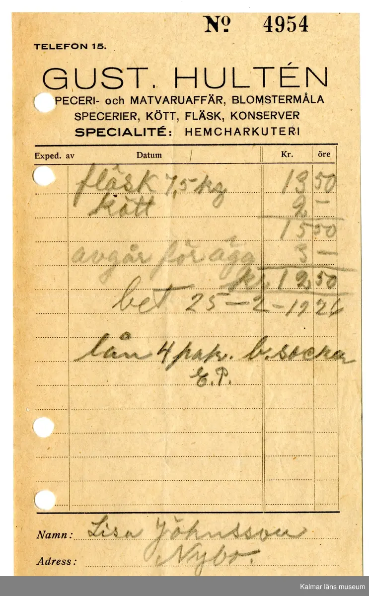 Kvitto - Kalmar läns museum / DigitaltMuseum