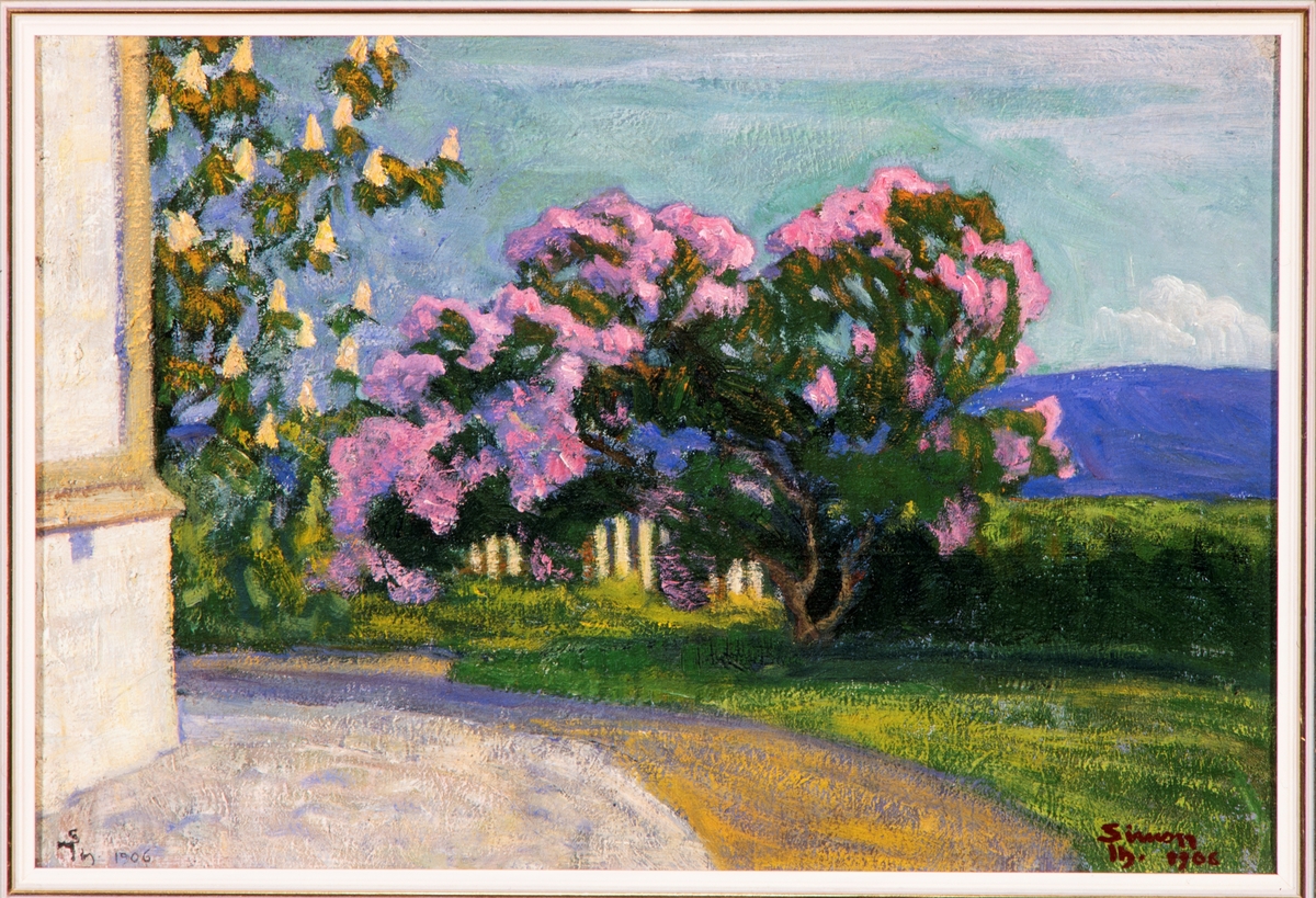 Maleri med tittelen : Blomstrende kastanjer, malt av Simon Thorbjørnsen ...