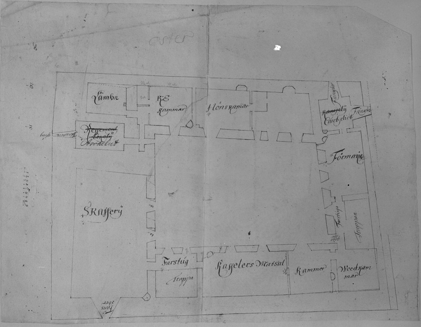 Västerås slott. Planritning från 1600-talet av våningen en trappa upp ...