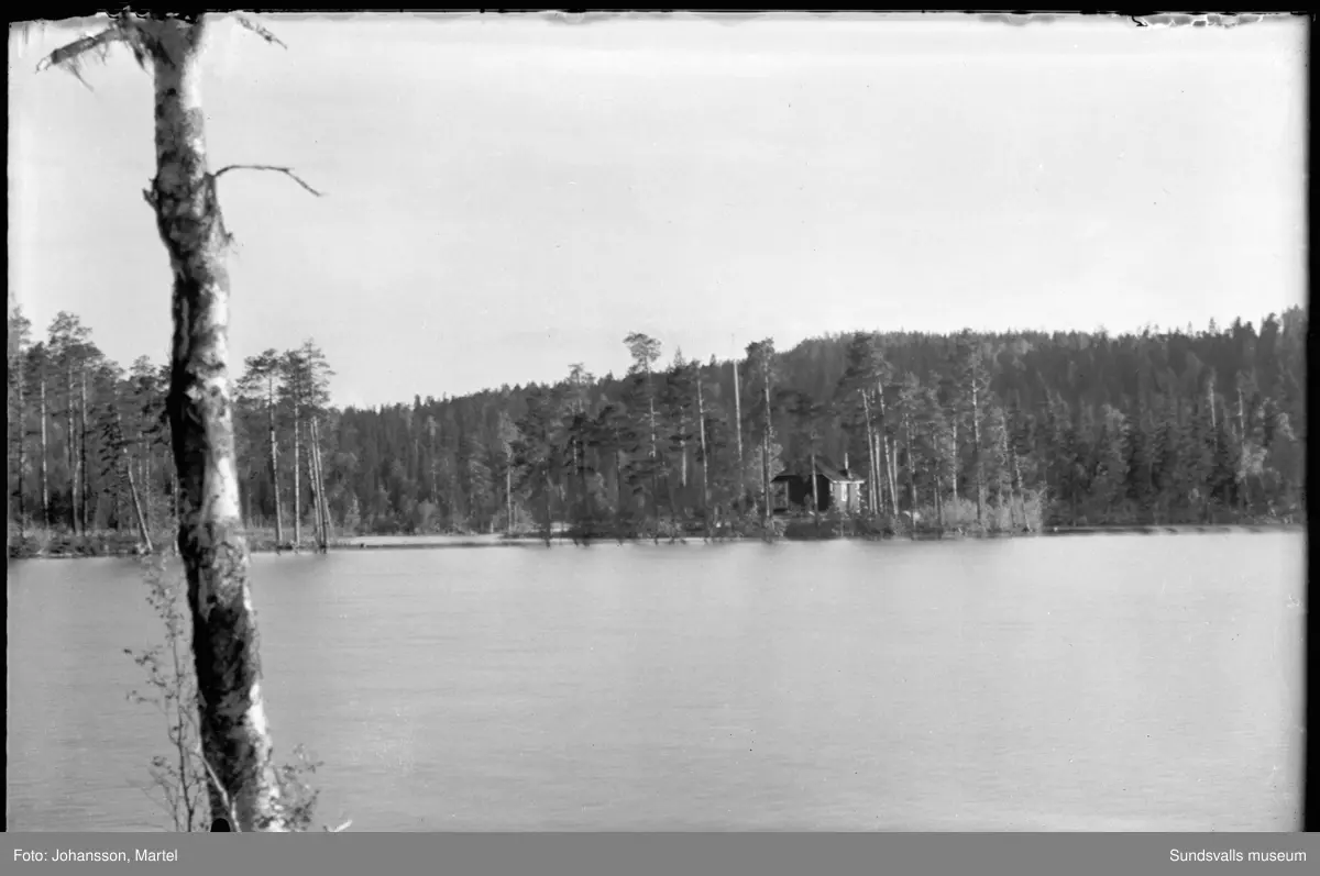 Vy med skog och en sjö med en liten stuga på en udde eller holme ...