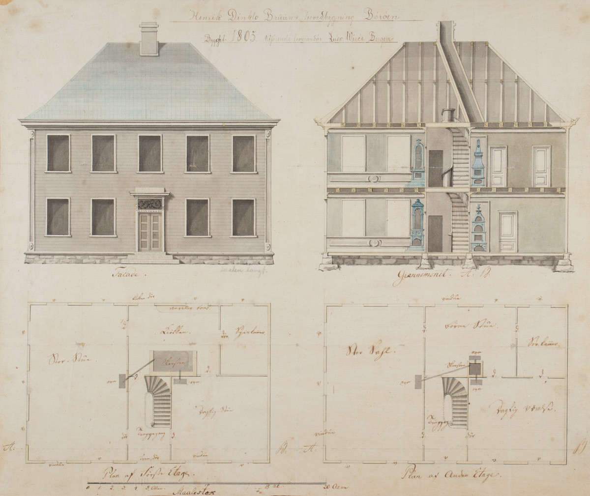 Teknisk tegning, plantegning av huset til familien Bruun, bygget i 1805 ...