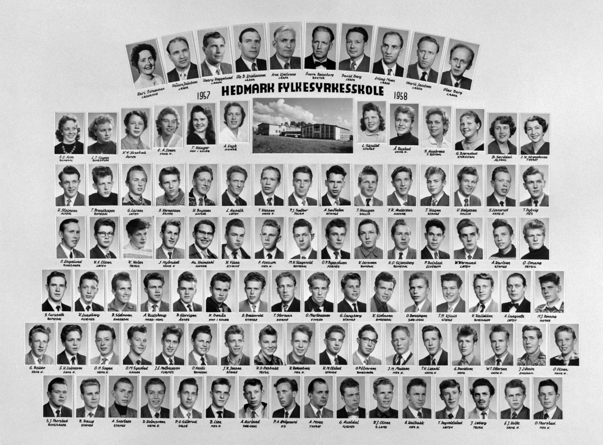 Gr: Hedmark fylkesyrkesskole, montasje, elever, lærere, 1957-58. Hamar ...