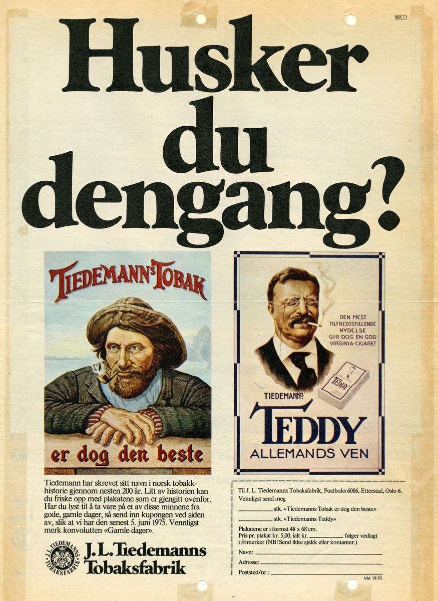 Reklameplakat. Annonse fra 1975 for salg av gamle reklameplakater fra Tiedemanns Tobaksfabrik ...