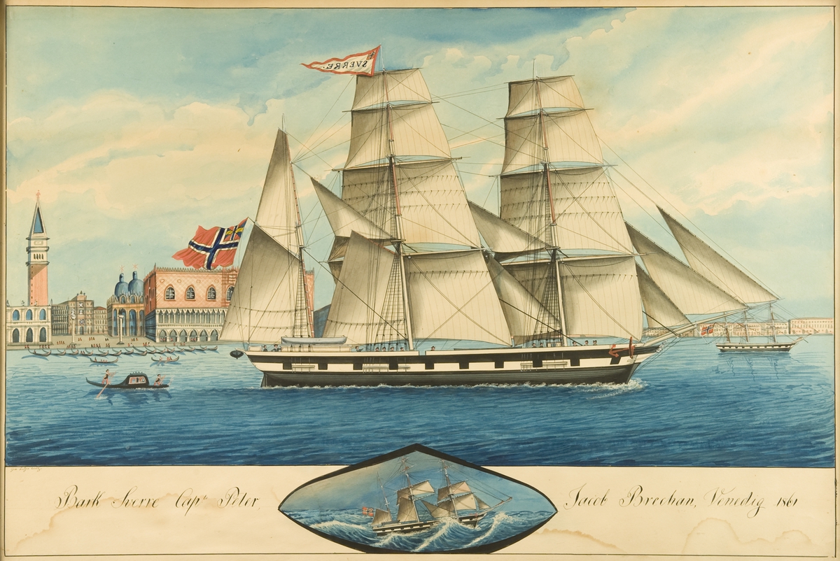 Bark Sverre, Capt. Peter Jacob Brechan, Venedig 1861 [Akvarell] - Norsk ...
