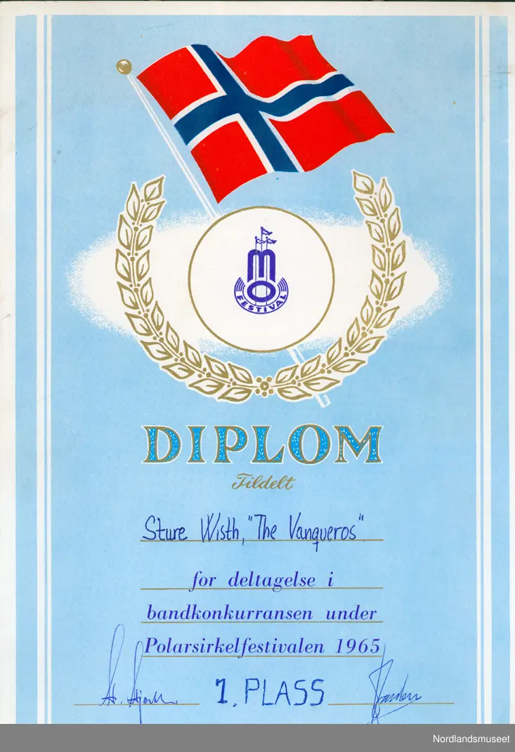 Diplom Sture Wisth, "Vanqueros" for 1.plass bandkonkurransen ...