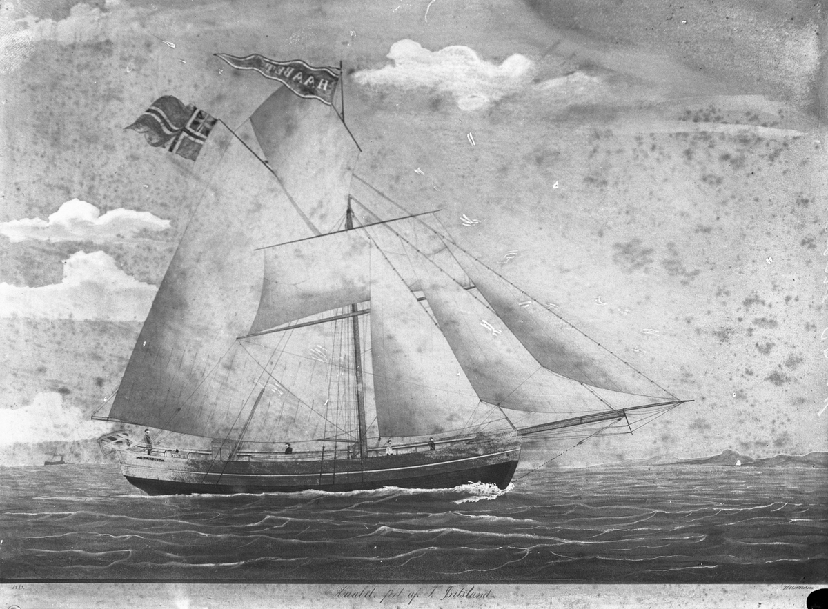 Avfotografert maleri av Skøyten "Haabet" for fulle seil i åpent farvann ...