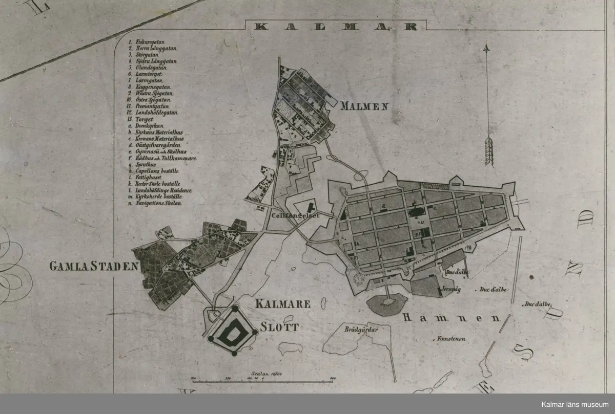 Karta över Kalmar från 1854. Platserna Gamla staden, Kalmar slott ...