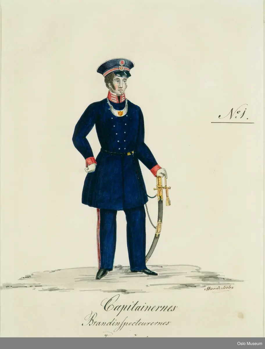 Utkast til Brannkapteinsuniform [akvarell] - Oslo Museum / DigitaltMuseum