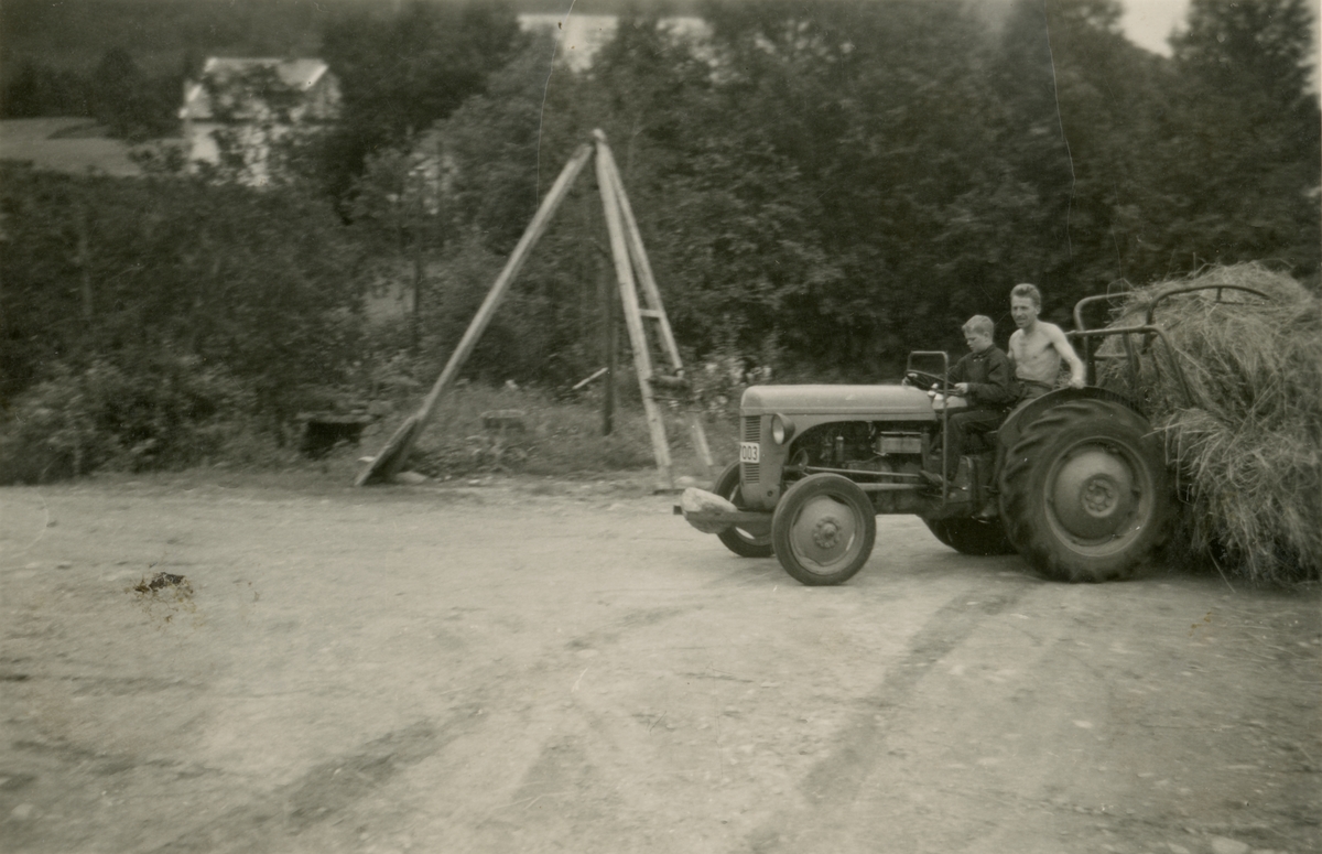 Motiv av en mann og gutt som kjører høy med traktor. Gutten er Jon ...