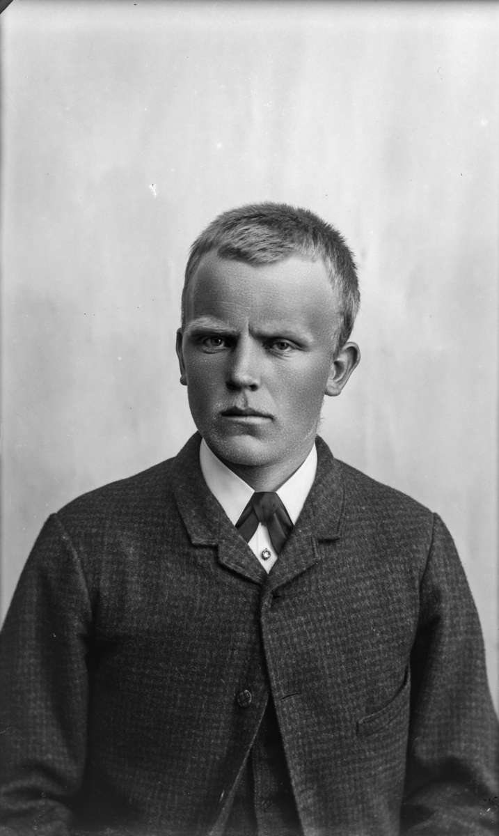 Portrett av yngre mann med blondt, kort hår kledd i kvit sjorte og mørk ...