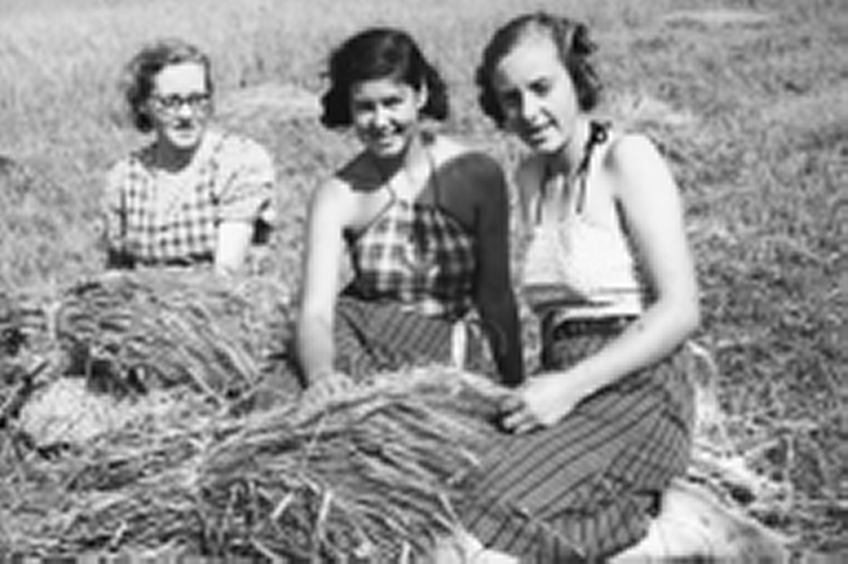 Grimsrud på Helgøya. Pauline Moen, Olaug Moen og Anne Moen i skuronna ...