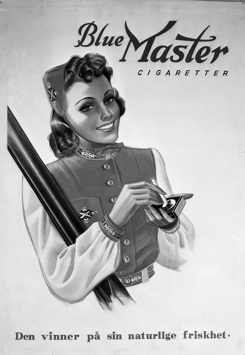 Avfotografert reklameplakat for Blue Master sigaretter. Tegning av dame ...