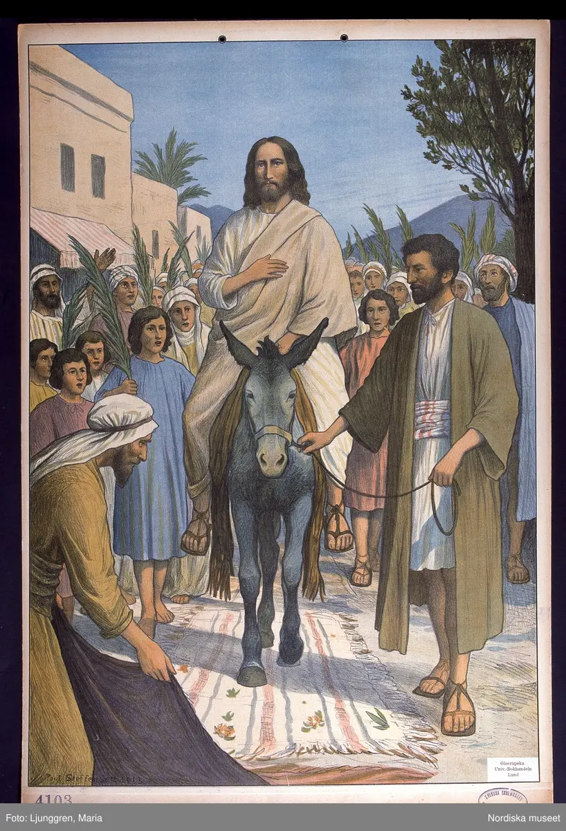 Skolplansch med motiv ur Nya Testamentet. Kristus / Jesus intåg i ...