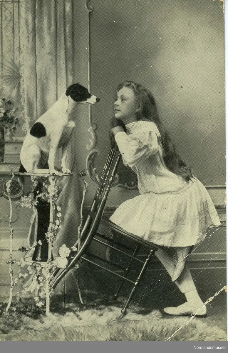 Postkort med bilde av jente og hund inne i ei stue. Jenta lener seg på ...